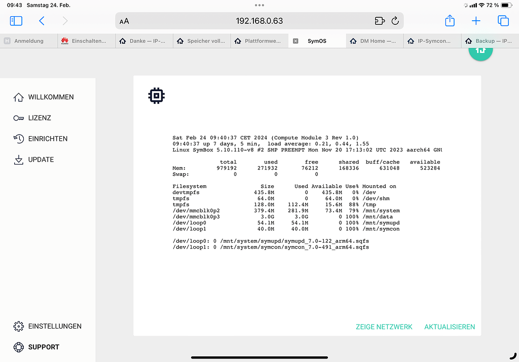 Speicher leer - Kein Backup möglich - SymBox / SymOS - IP-Symcon Community